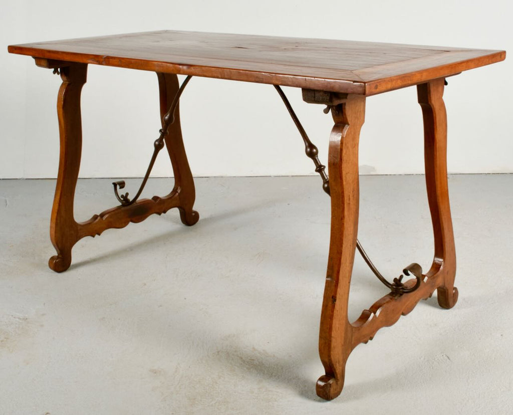 Antique lyre leg library table with iron stretchers, walnut and cherry ...