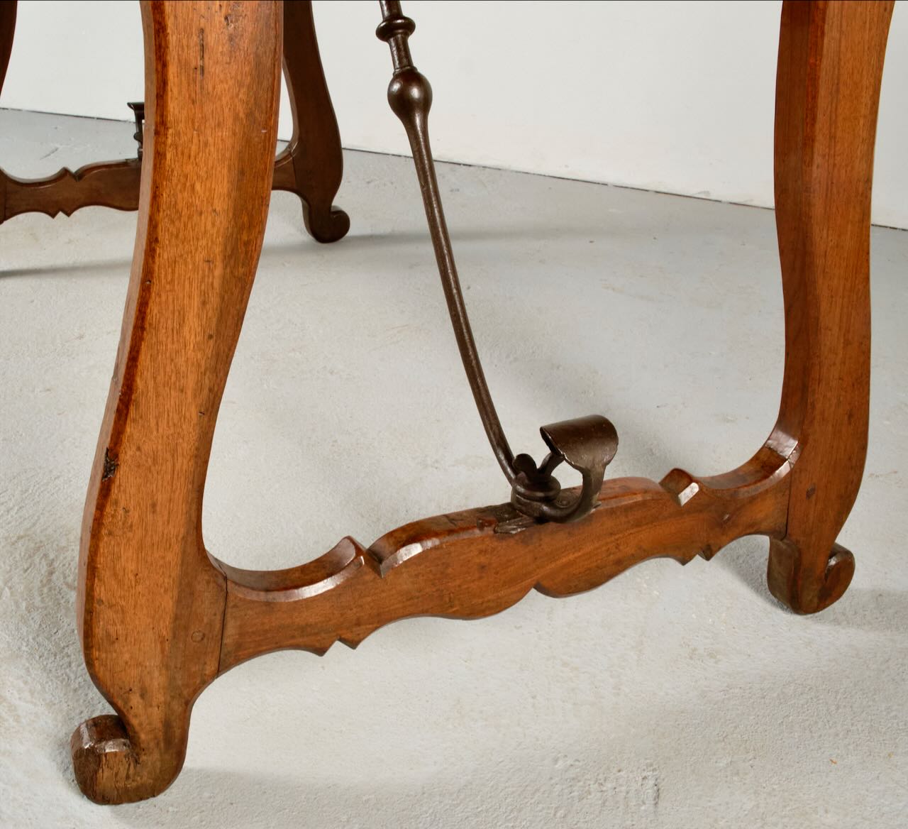 Antique lyre leg library table with iron stretchers, walnut and cherry ...