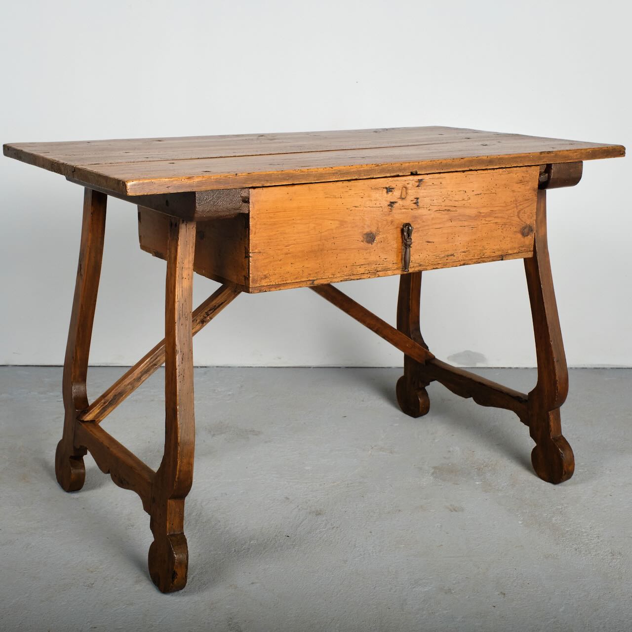 Antique lyre leg work table with drawer, pine – Mediterrania Home